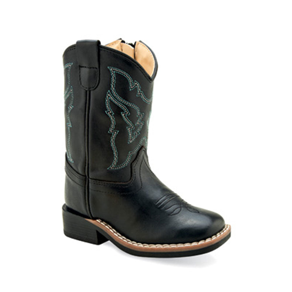 BSI1896 Old West Toddler Black Square Toe Leather Cowboy Boots with Zi ...