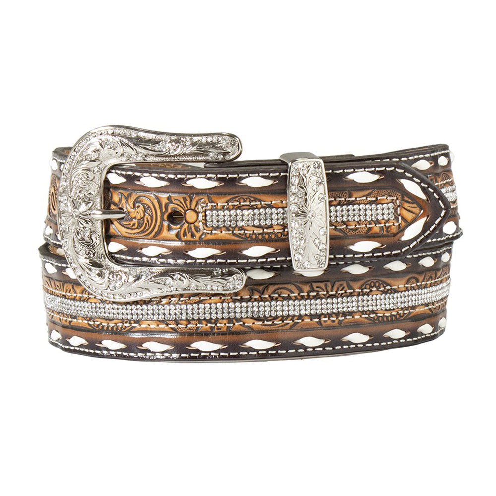 D140005808 Angel Ranch Ladies Belt 1 1/2" Floral Embossed Crystal Inla ...